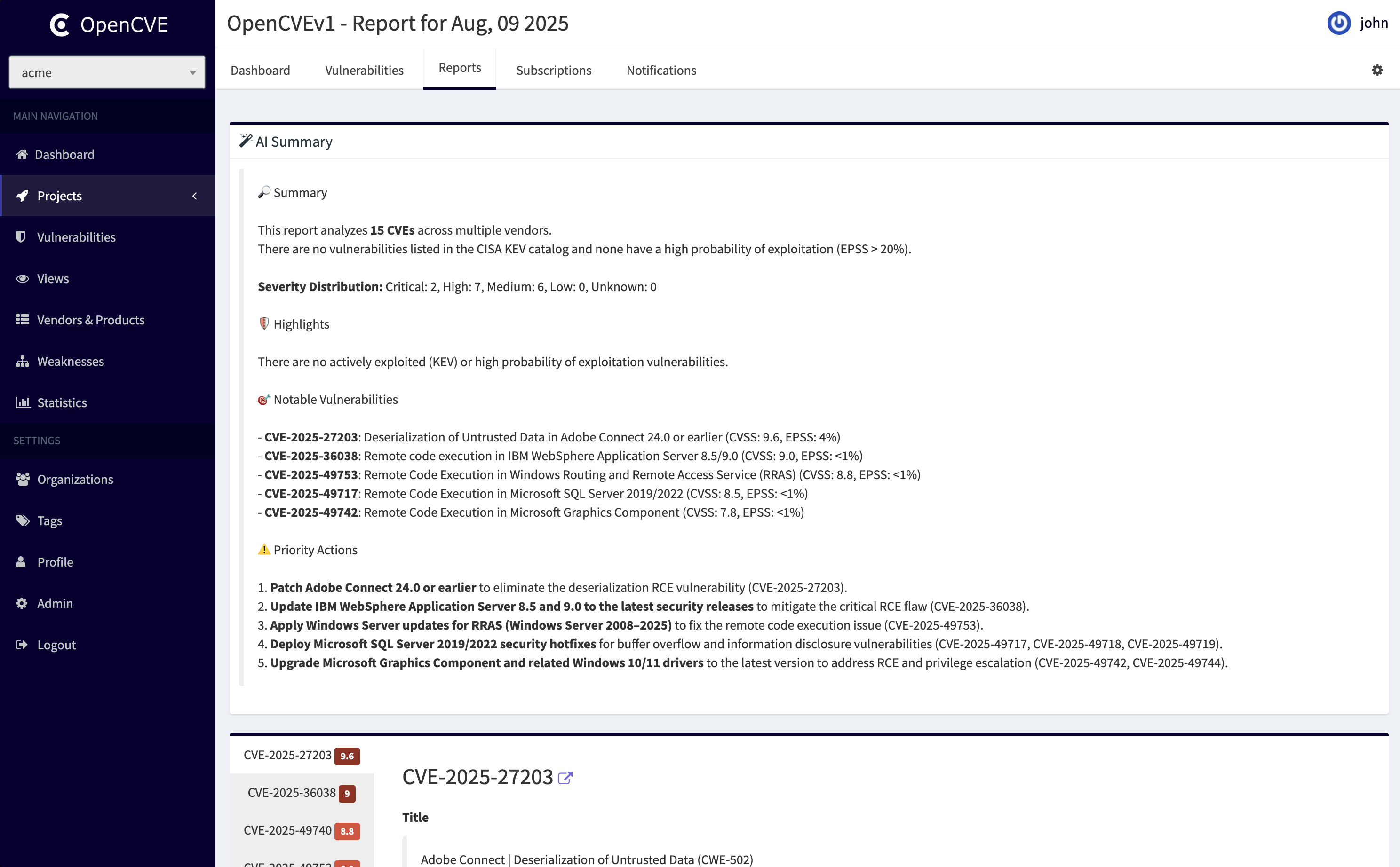 Report Summaries - OpenCVE Documentation